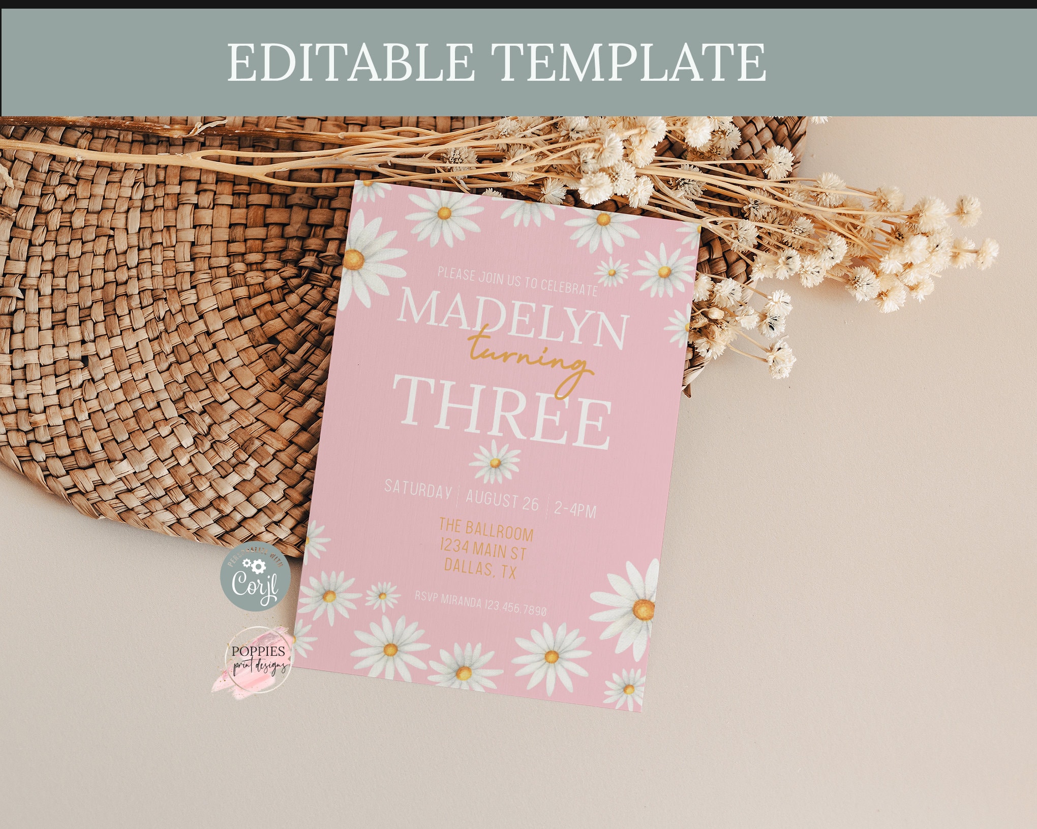 Editable Daisy Birthday Invitation Any Age, Daisy Birthday Invite ...