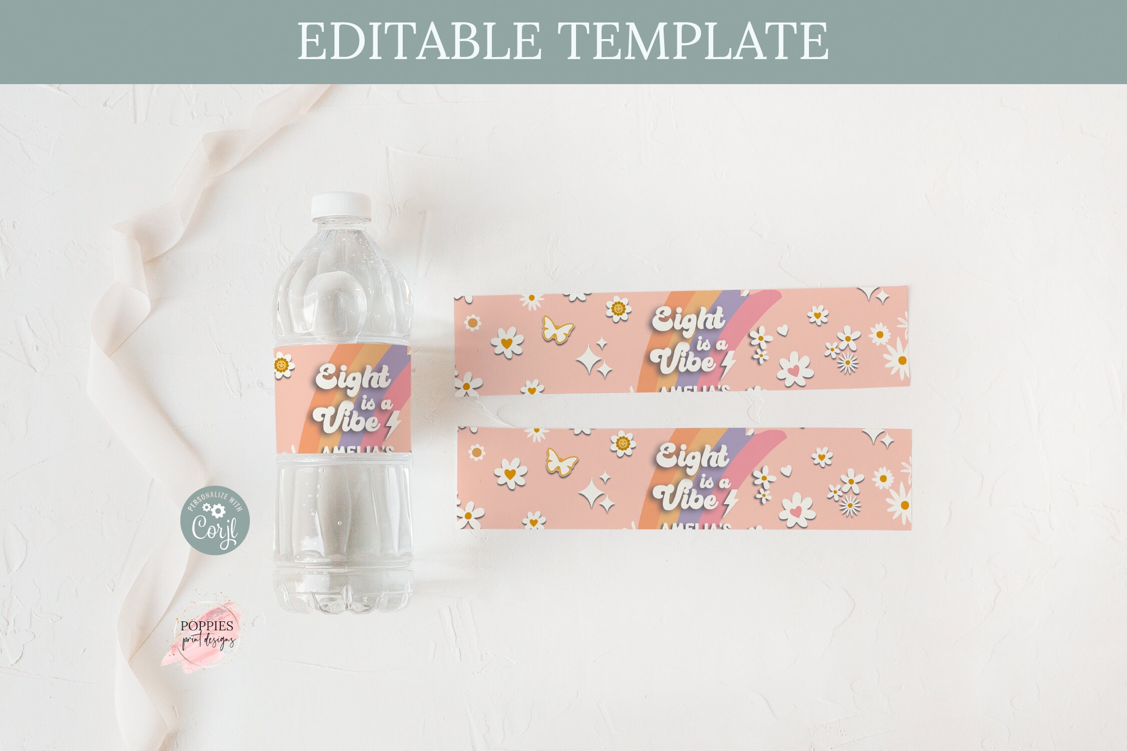 Editable Eight is a Vibe Water Bottle Label, Groovy 8th Birthday Party ...