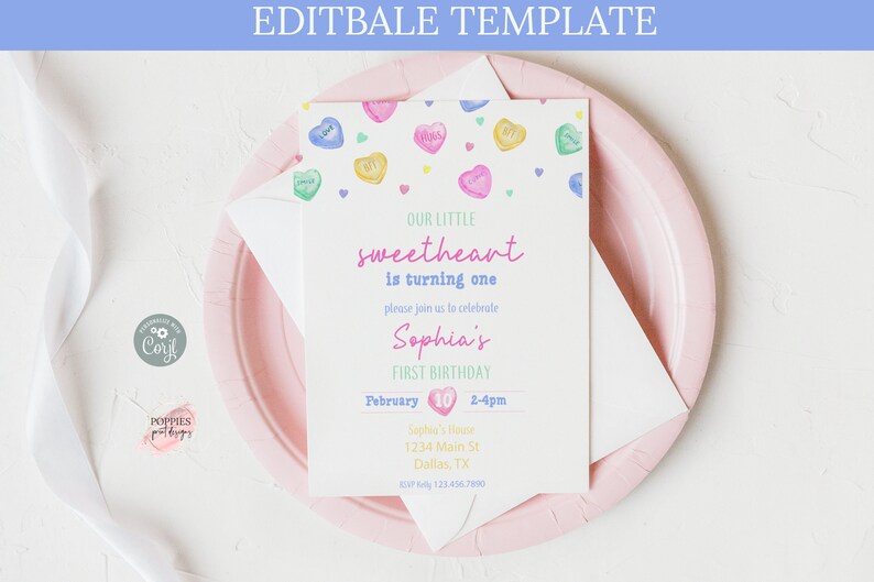 Editable Valentine's Birthday Invitation, Candy Conversation Heart ...