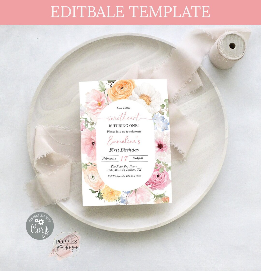 Editable Sweetheart Birthday Invitation Floral Heart Birthday Invite ...