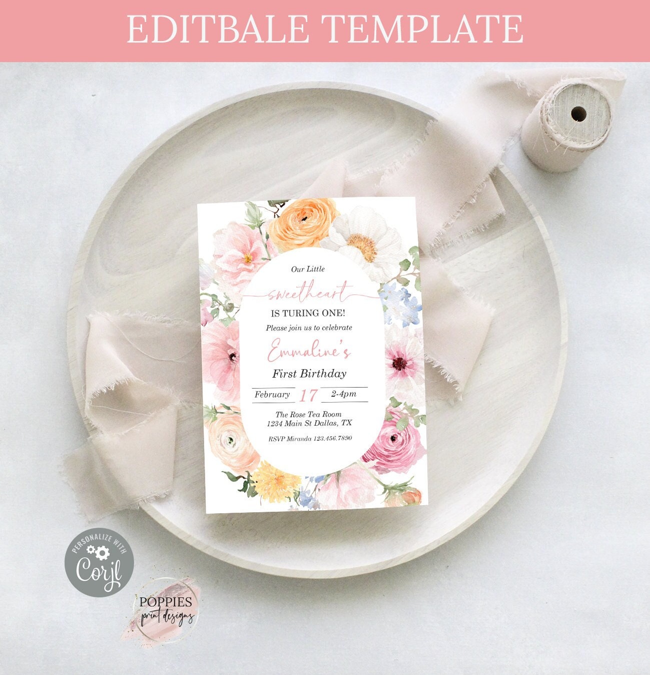 Editable Sweetheart Birthday Invitation Floral Heart Birthday Invite ...