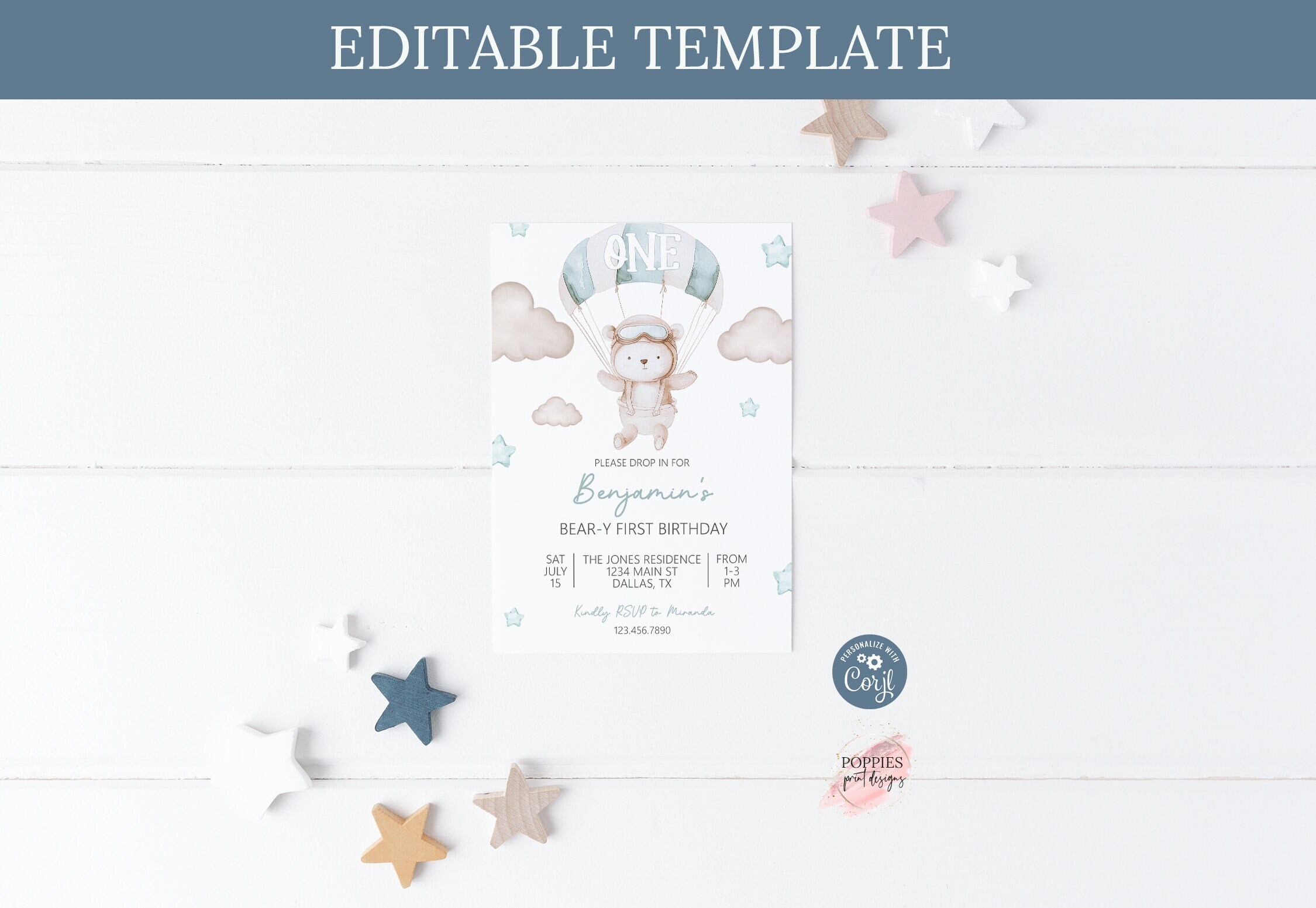 Editable Bear First Birthday Invitation, Bear-y 1st Birthday Invite ...