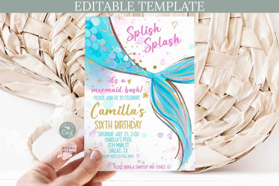 Editable Mermaid Birthday Party Invitation Splish Splash Mermaid Tail Birthday Invite Sea ...