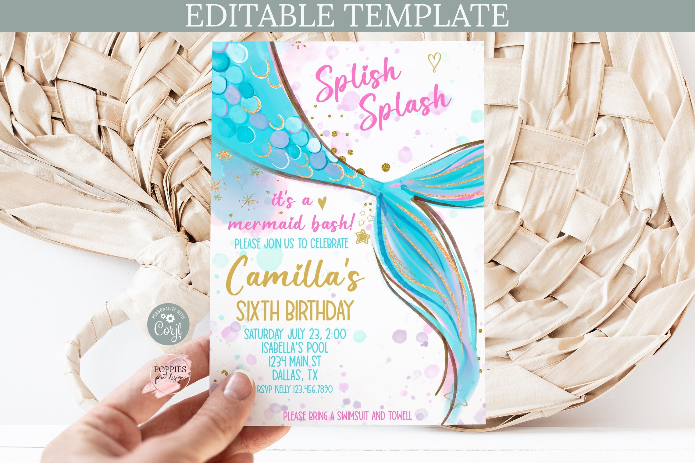 Editable Mermaid Birthday Party Invitation Splish Splash Mermaid Tail ...