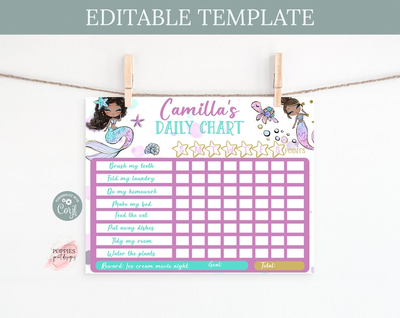 Editable Mermaid Chore Daily Chart, Printable Kids Responsibility Chart ...