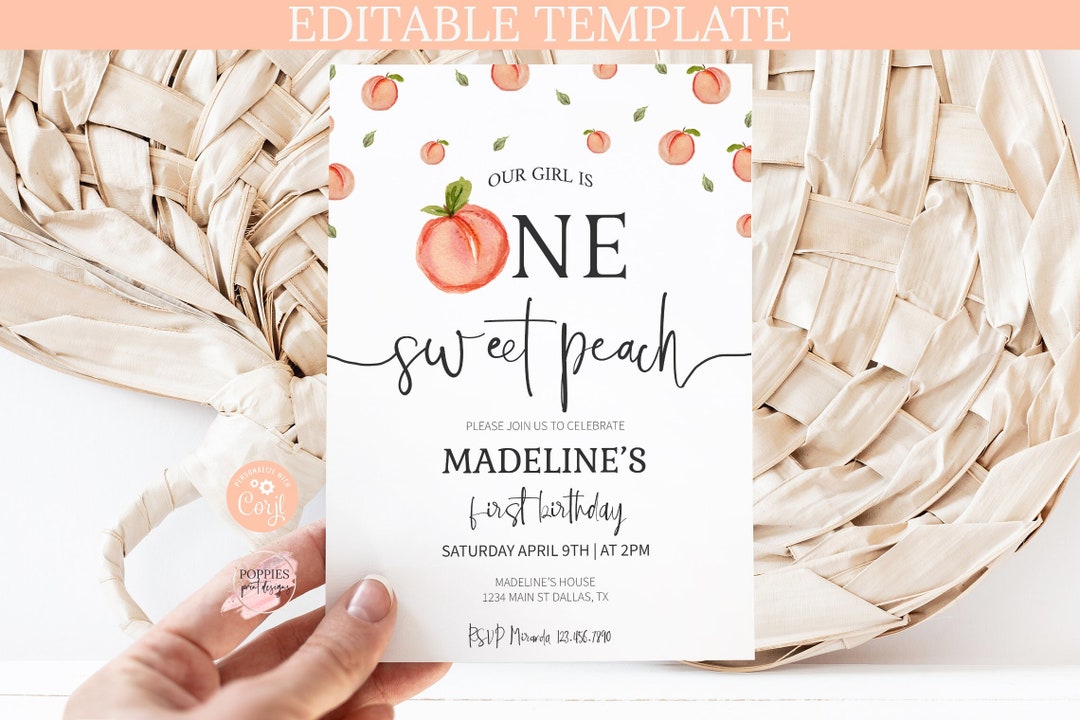 Editable One Sweet Peach Birthday Invitation Peach First Birthday ...