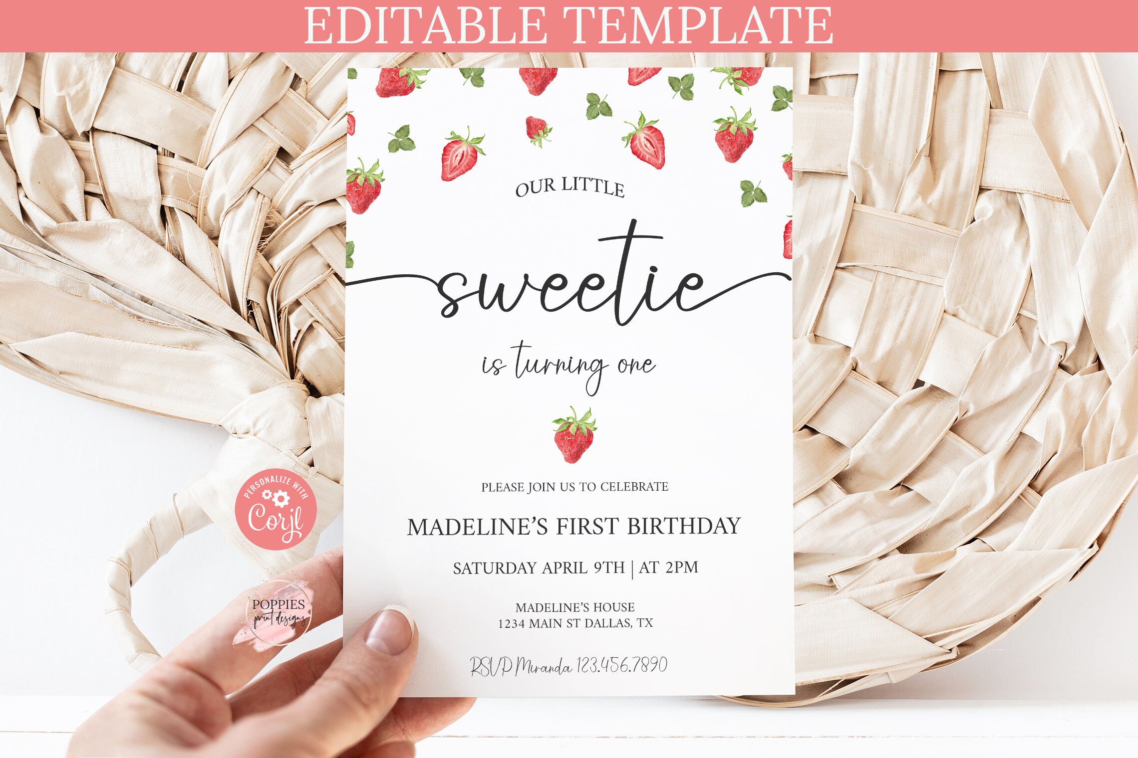 Editable Strawberry Birthday Invite Sweetie Strawberry First Birthday ...