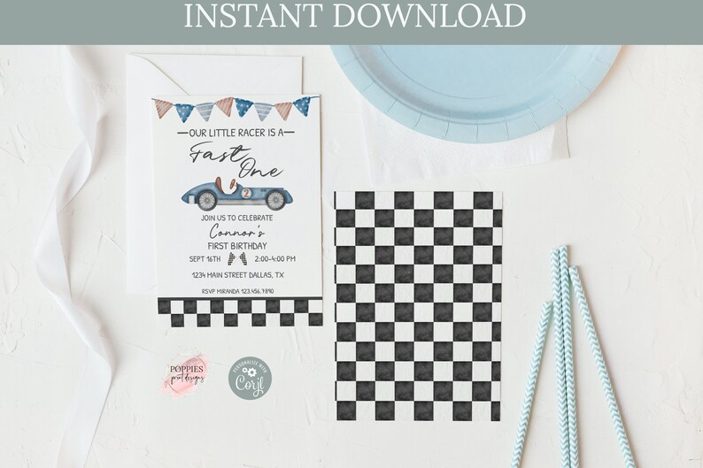 Editable Racing Car Birthday Invitation Fast One Birthday Invite 1st ...