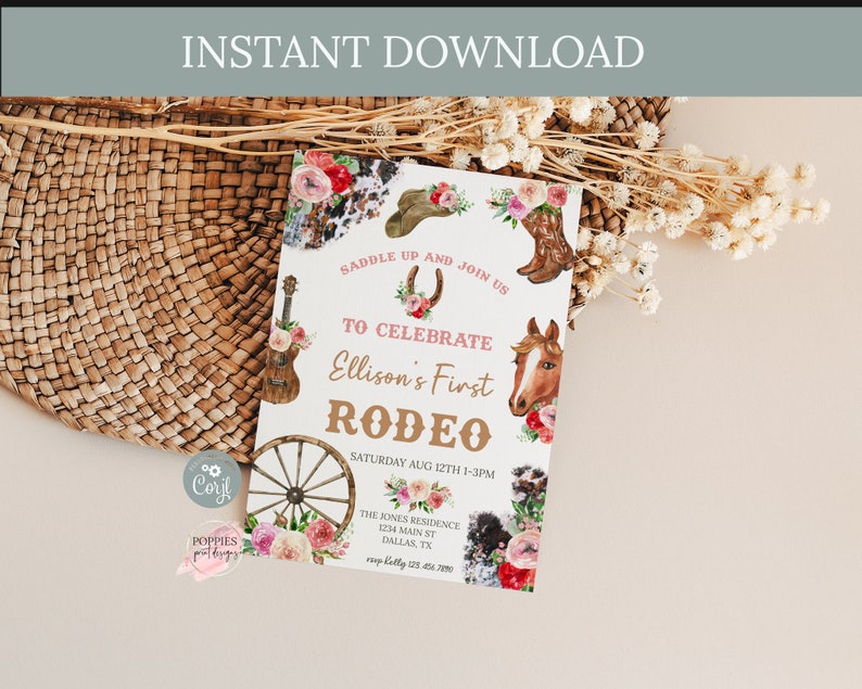 Invitación de cumpleaños de primer rodeo floral, cumpleaños de vaquera ...