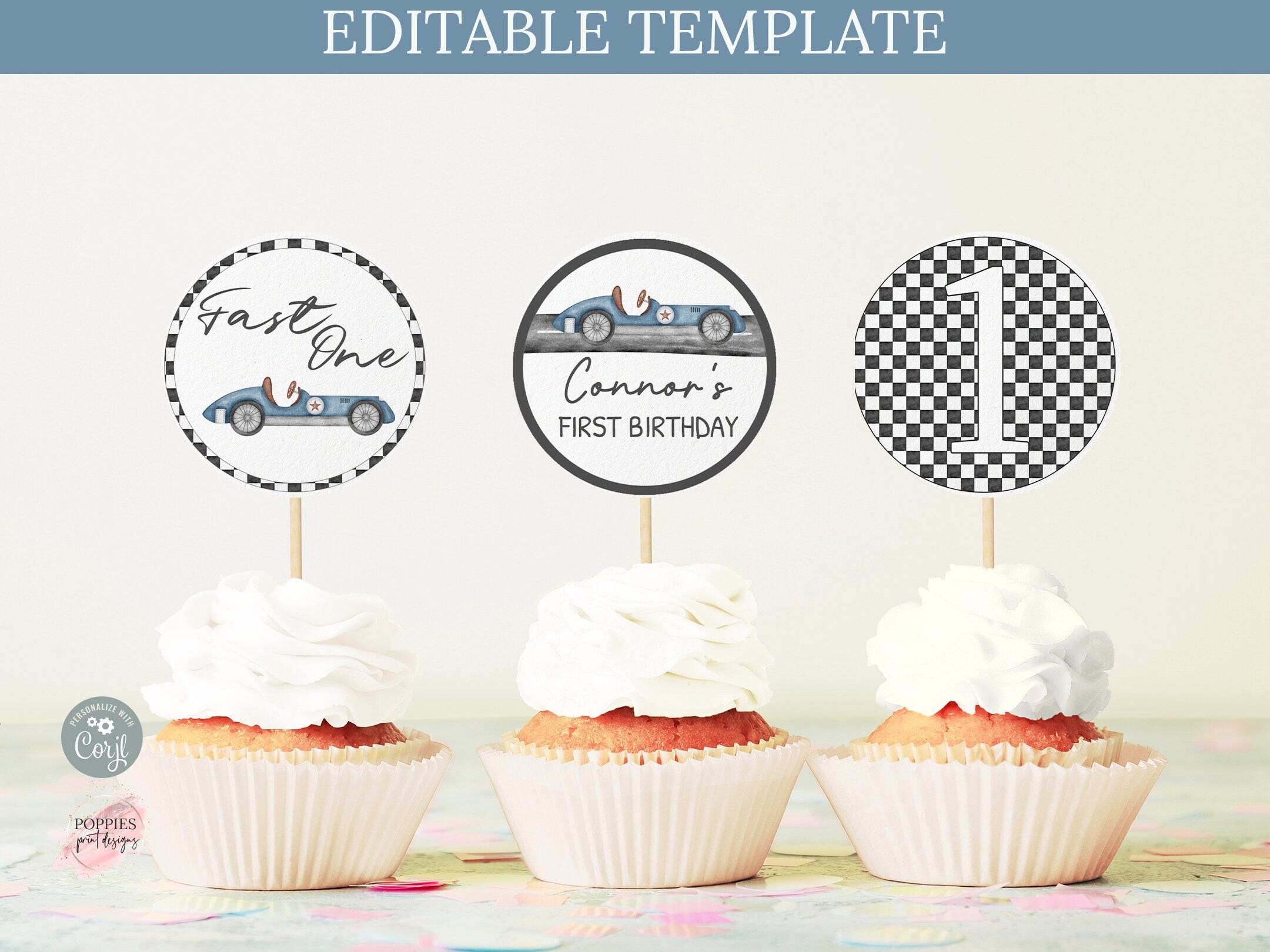 Editable Race Car Fast One First Birthday Cupcake Toppers Racing 1st ...