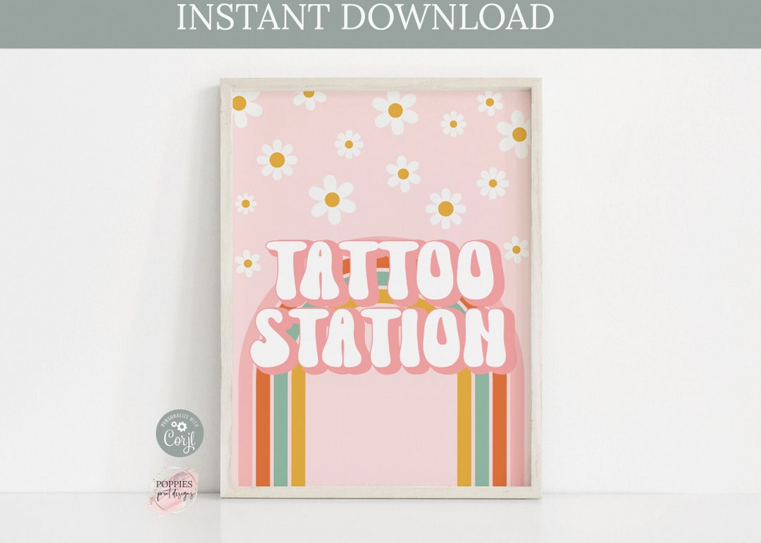 Retro Rainbow Tattoo Station Party Sign, Groovy Birthday Party Decor ...