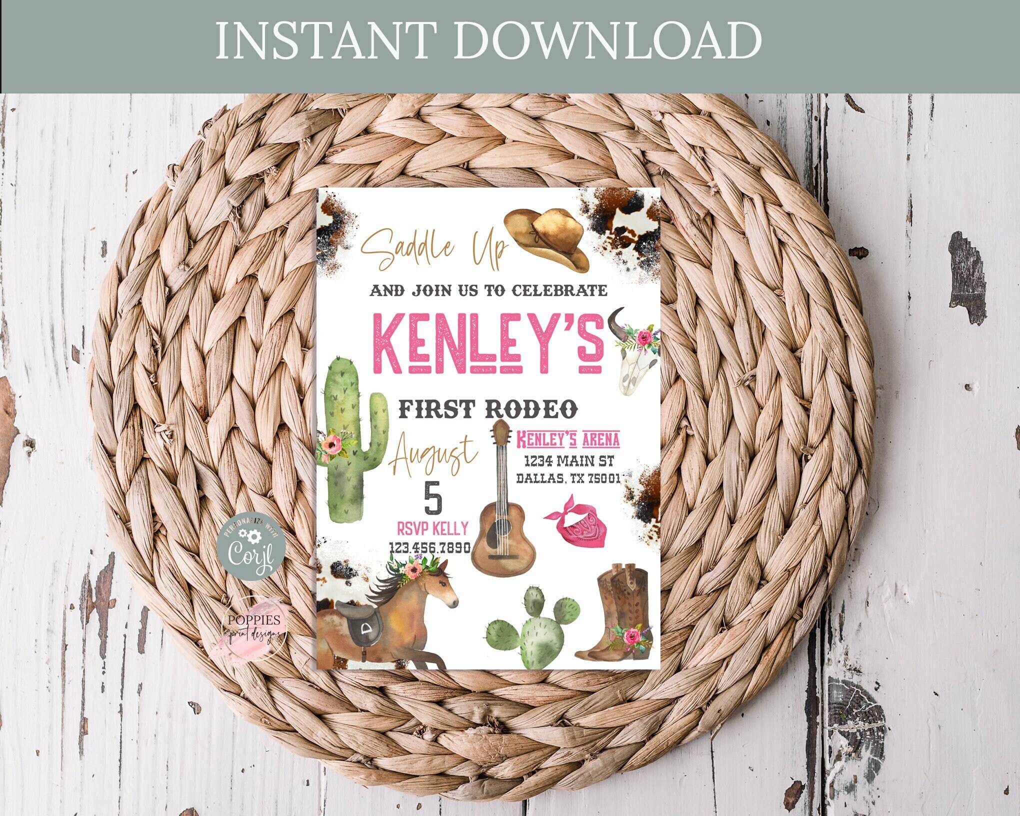 Pink First Rodeo Birthday Invitation, Country Western 1st Birthday ...