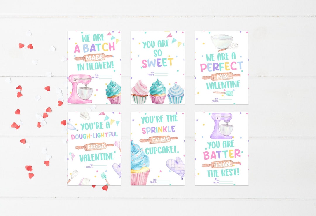 Printable Baking Valentine's Day Cards, Print at Home Classroom Cupcake ...