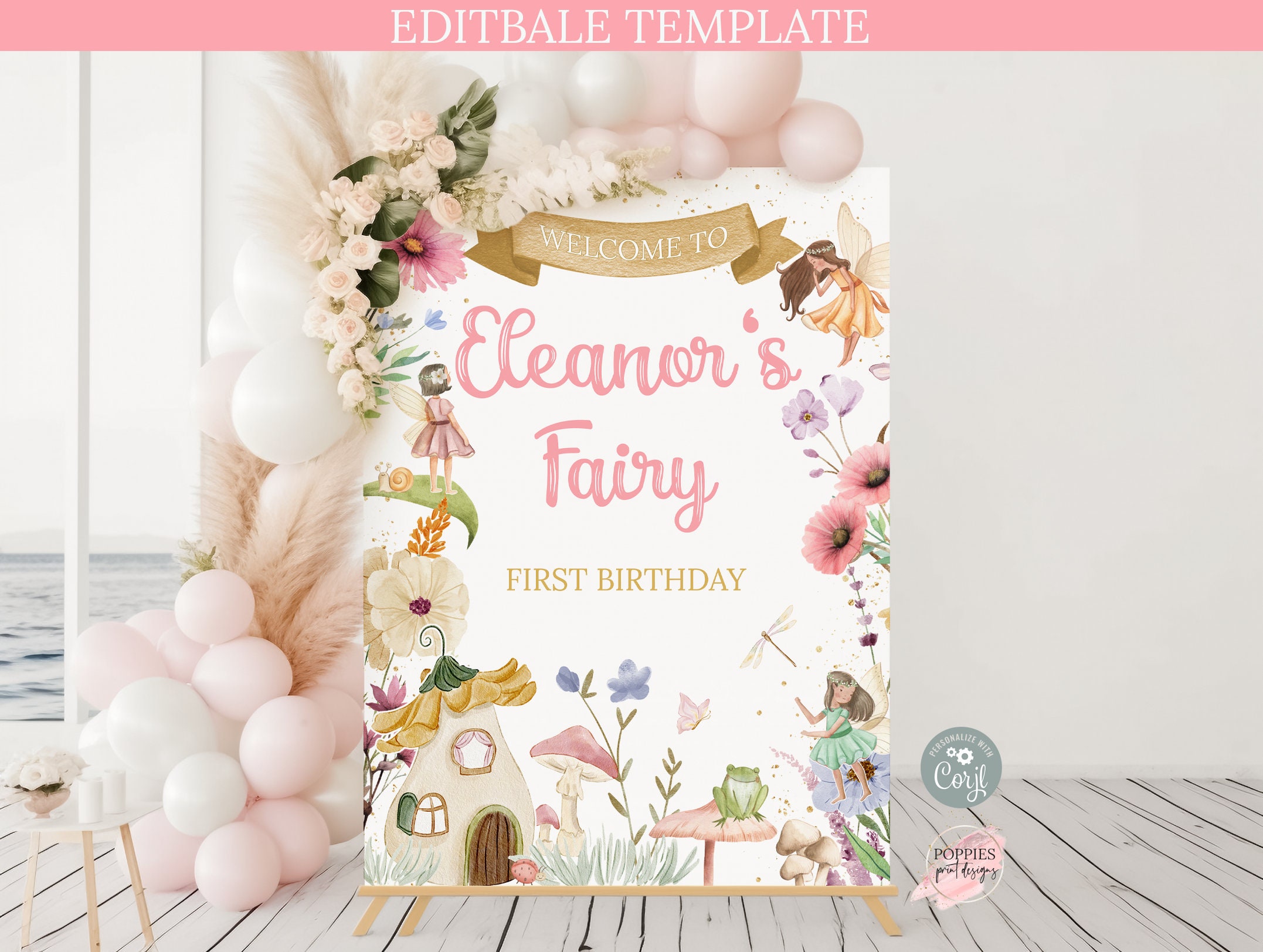 Editable Fairy Birthday Welcome Sign Fairy First Birthday Party Flutter ...