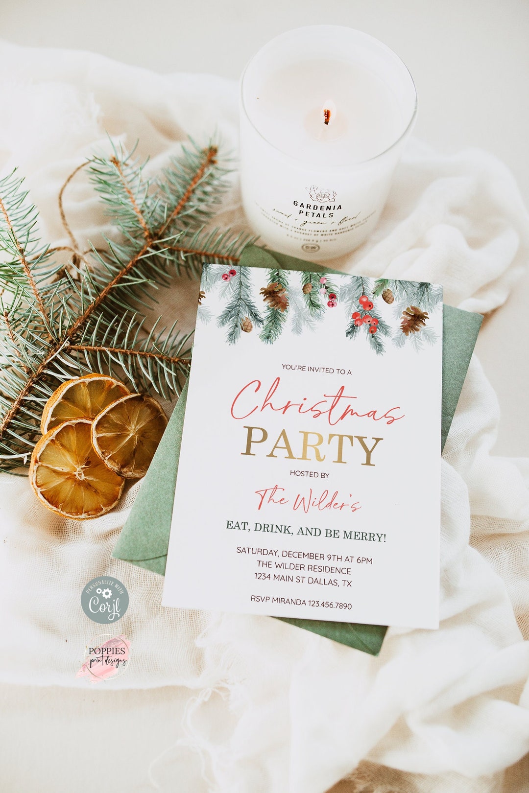 Editable Winter Floral Christmas Party Invitation, Holiday Party Invite ...