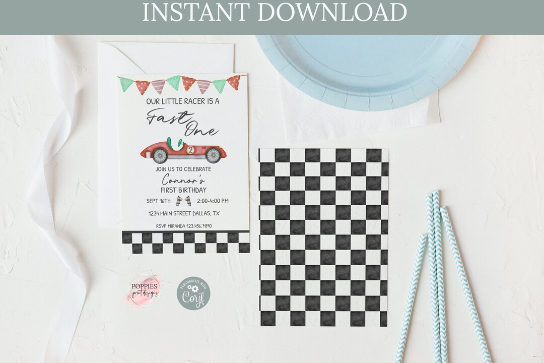 Editable Red Racing Car Birthday Invitation Fast One Birthday Invite ...