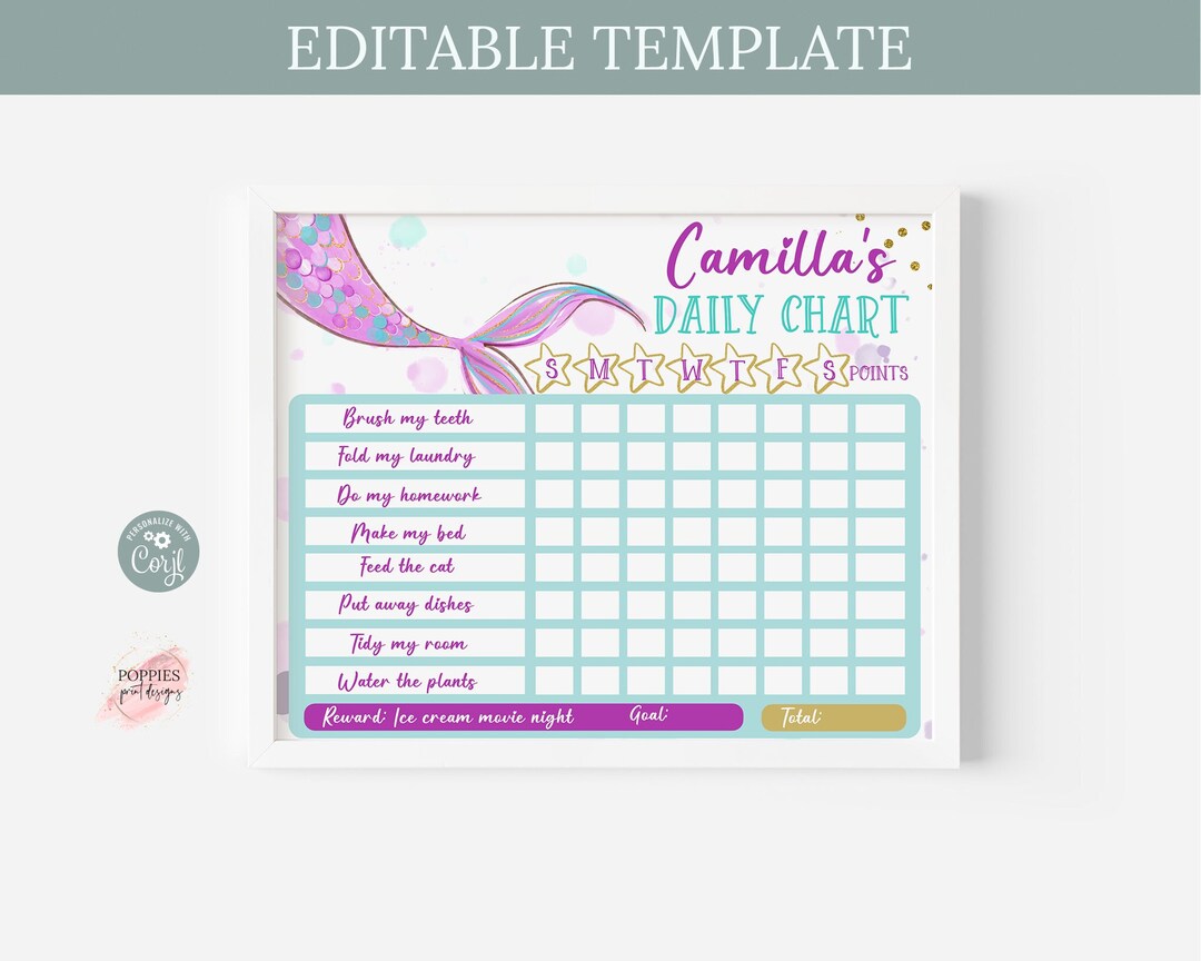 Editable Mermaid Chore Daily Chart, Printable Kids Responsibility Chart ...