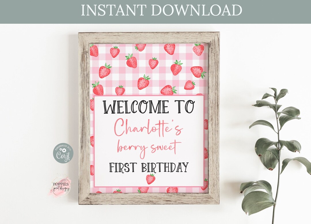 Editable Strawberry Birthday Party Welcome Sign, Pink Berry Sweet ...