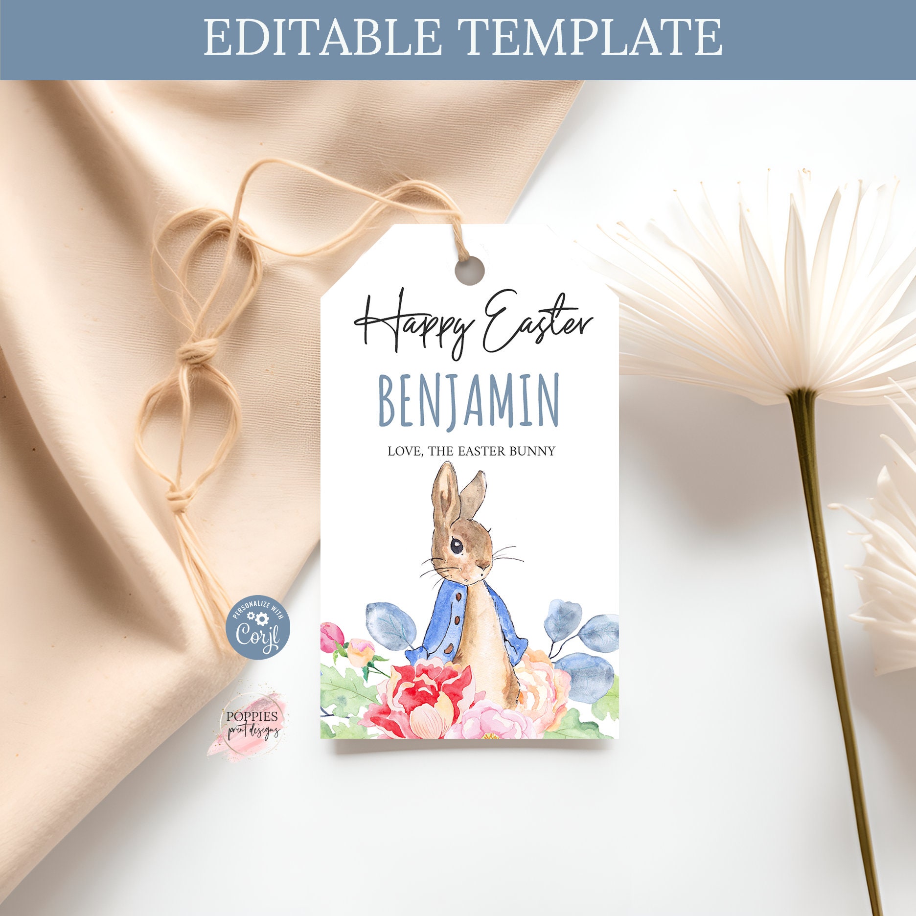 Easter Basket Gift Tag Editable Kids Easter Bunny Tag Peter Rabbit Gift ...