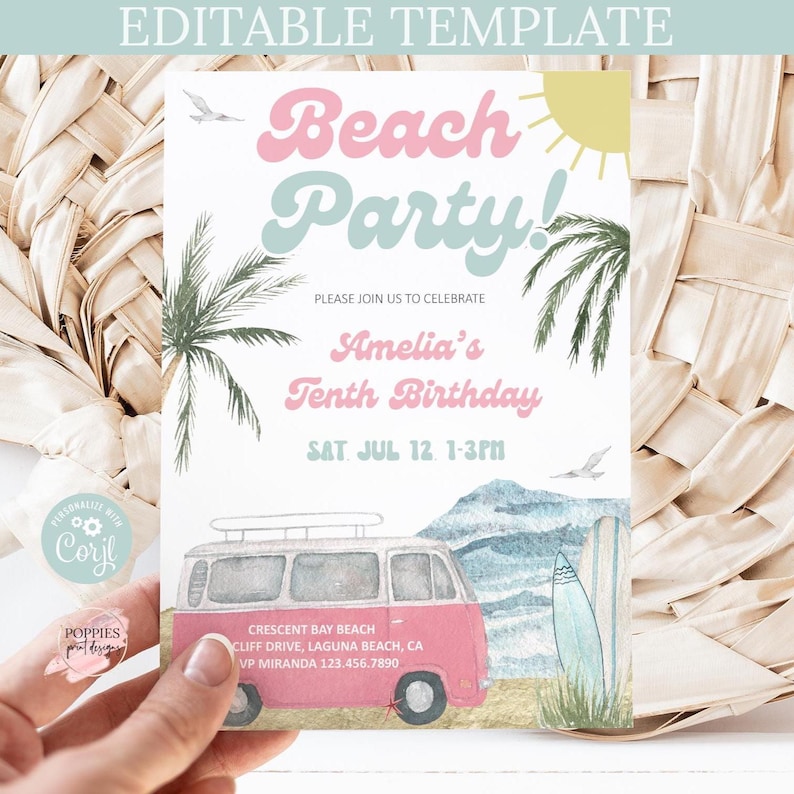 Editable Beach Birthday Party Invitation Pink Mint Wave Surfer Birthday ...