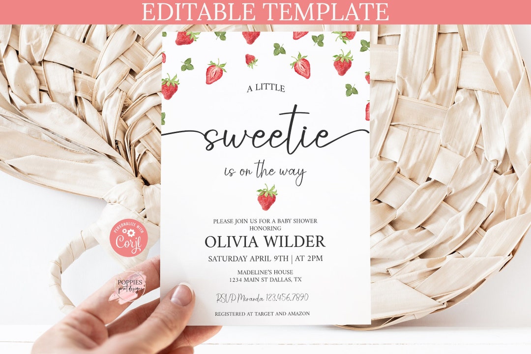 Editable Strawberry Baby Shower Invite, Sweetie on the Way Invitation ...
