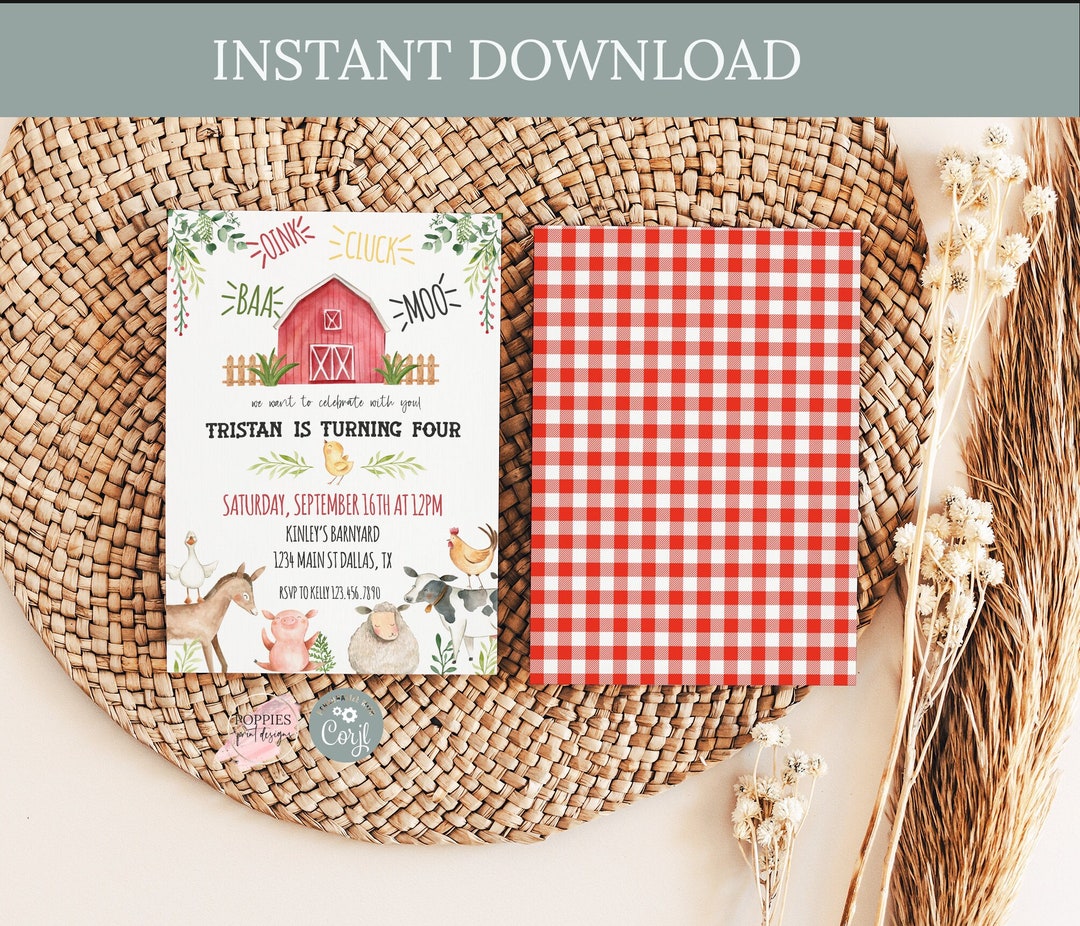 Editable Boys Red Barn Birthday Party Invitation, Farm Animal Party ...