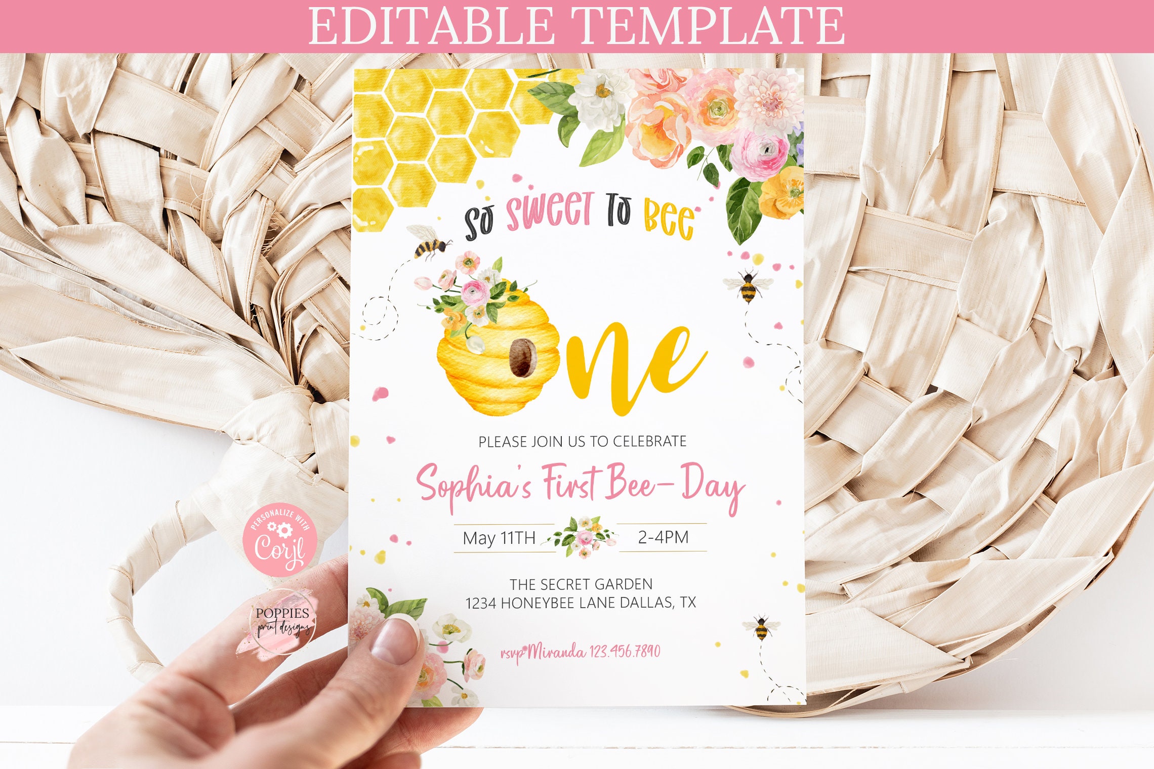 Editable Honey Bee First Birthday Invitation 1st Bee Day Birthday Party ...