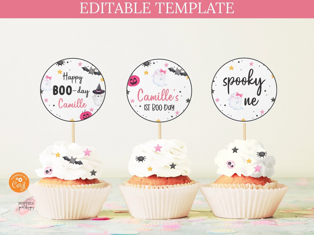Editable Girls Halloween 1st Birthday Cupcake Toppers Cute Pink Ghost ...