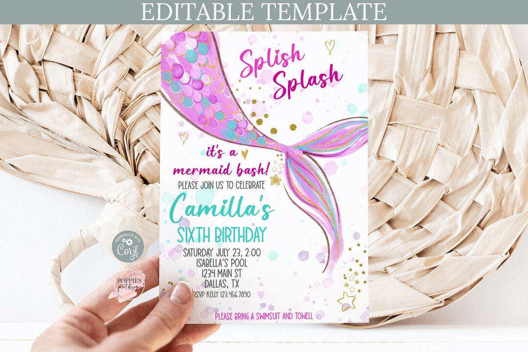 Purple Mermaid Tail Birthday Party Invitation Splish Splash Mermaid ...