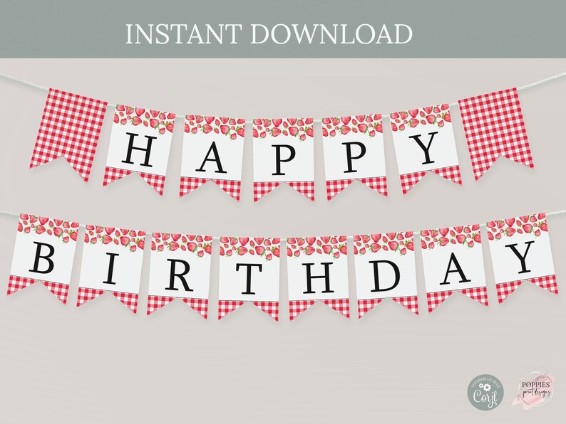 Editable Strawberry Birthday Banner 8.5x11 Happy Birthday Pennant ...