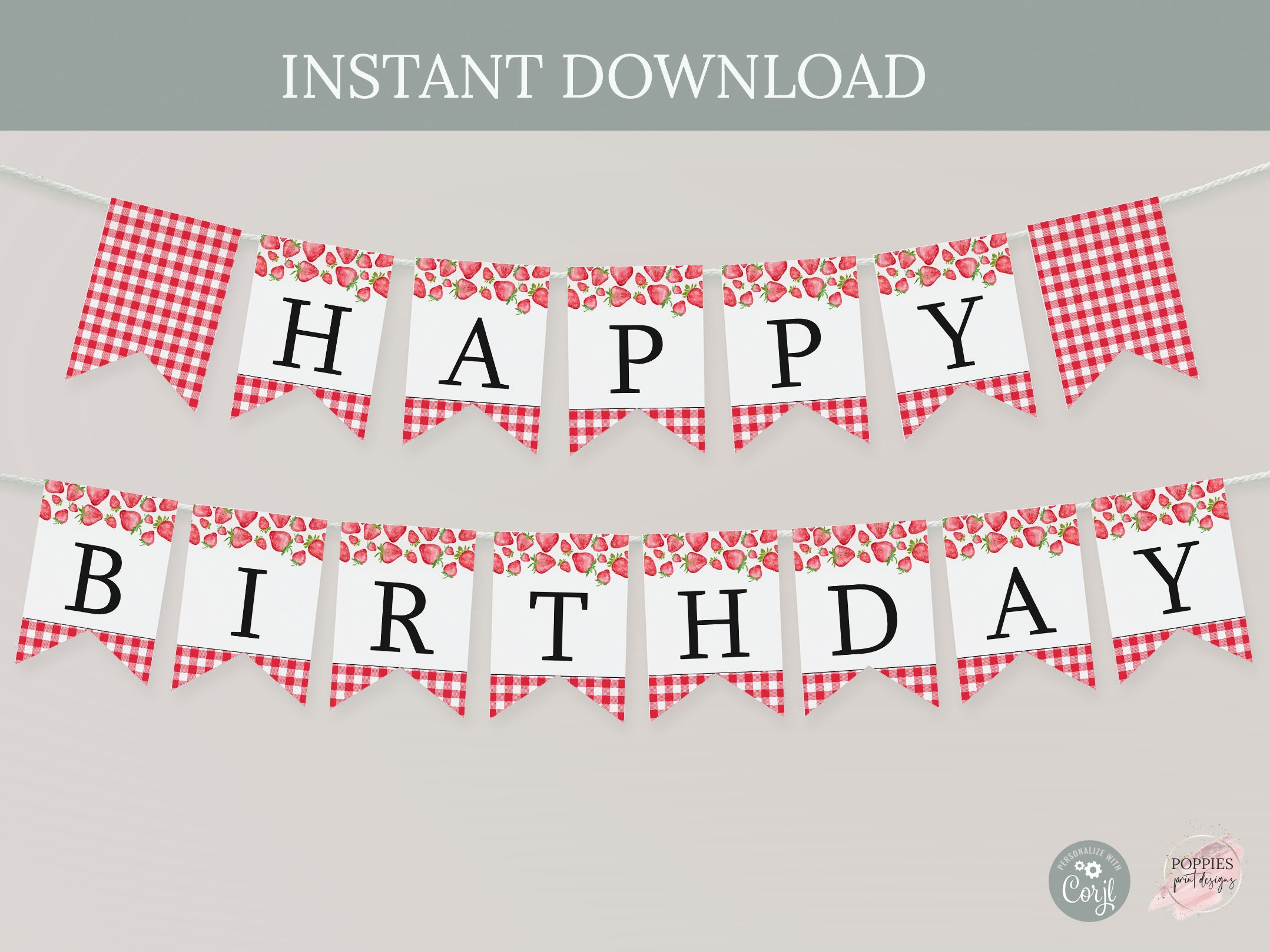 Editable Strawberry Birthday Banner 8.5x11" Happy Birthday Pennant ...