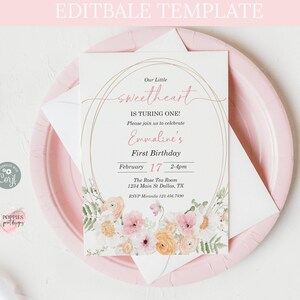 Editable Sweetheart Birthday Invitation Floral Heart Birthday Invite ...