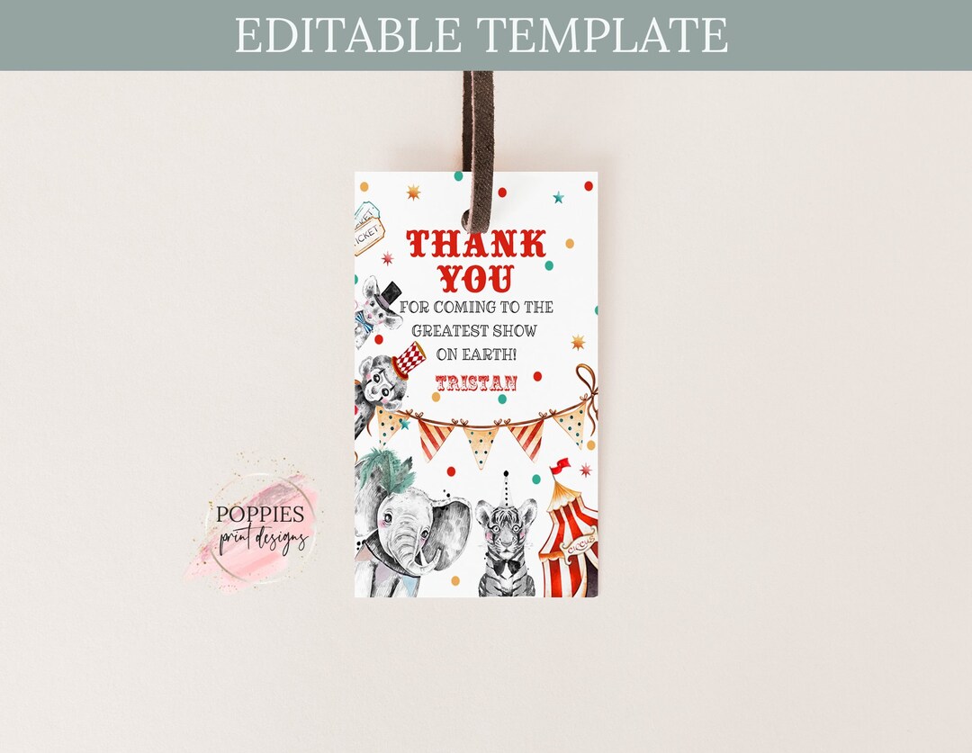 Editable Circus Birthday Party Favor Tag, Carnival Birthday Thank You ...