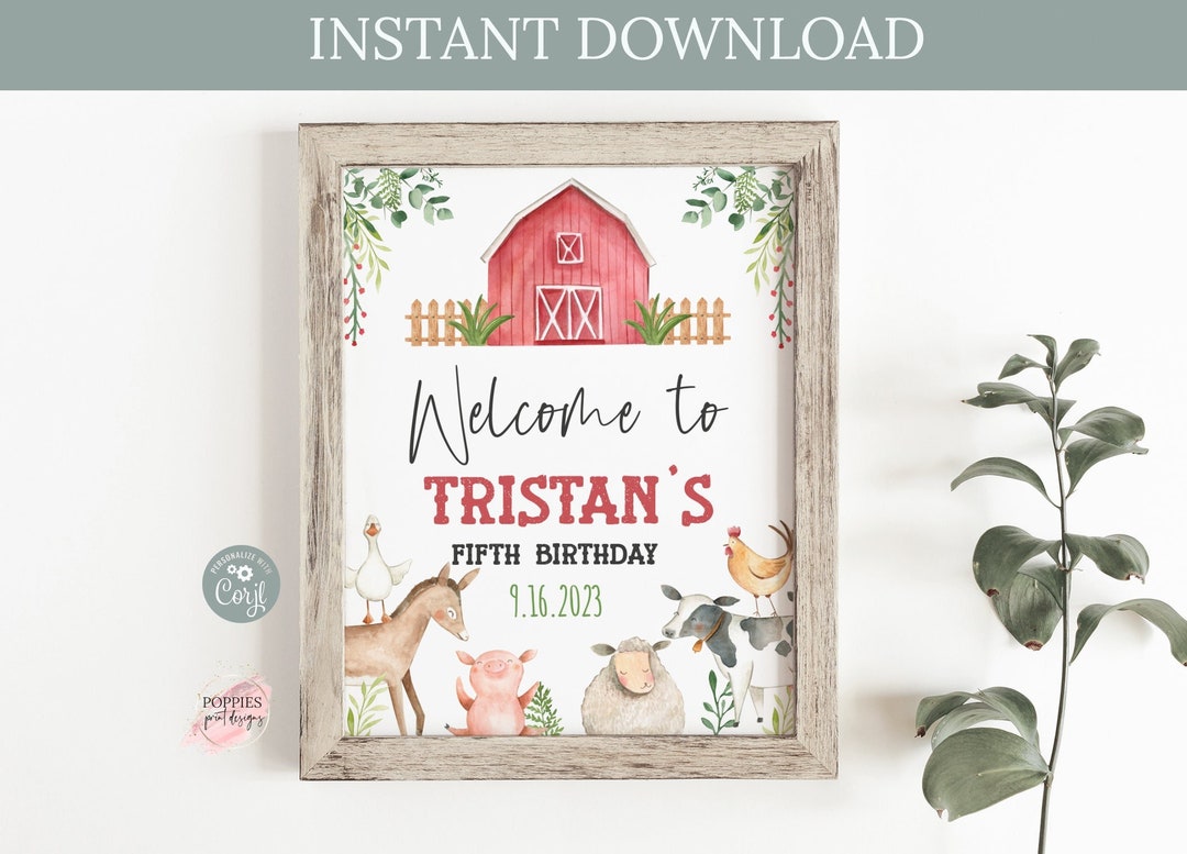 Editable Barnyard Welcome Sign, Red Barn Birthday Party, Oink Cluck Moo ...