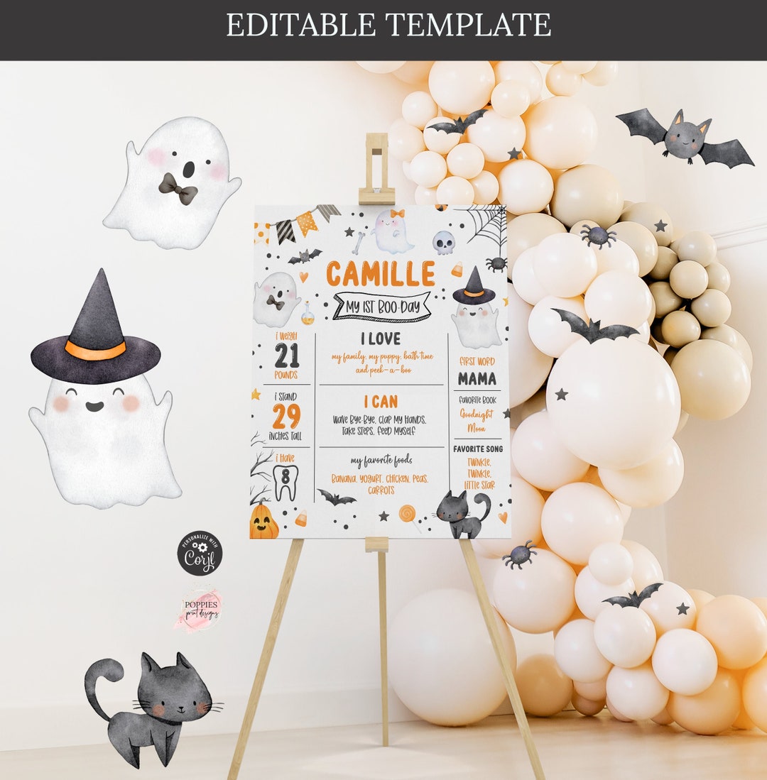Editable Halloween Milestone Poster Spooky One First Birthday Sign Cute ...