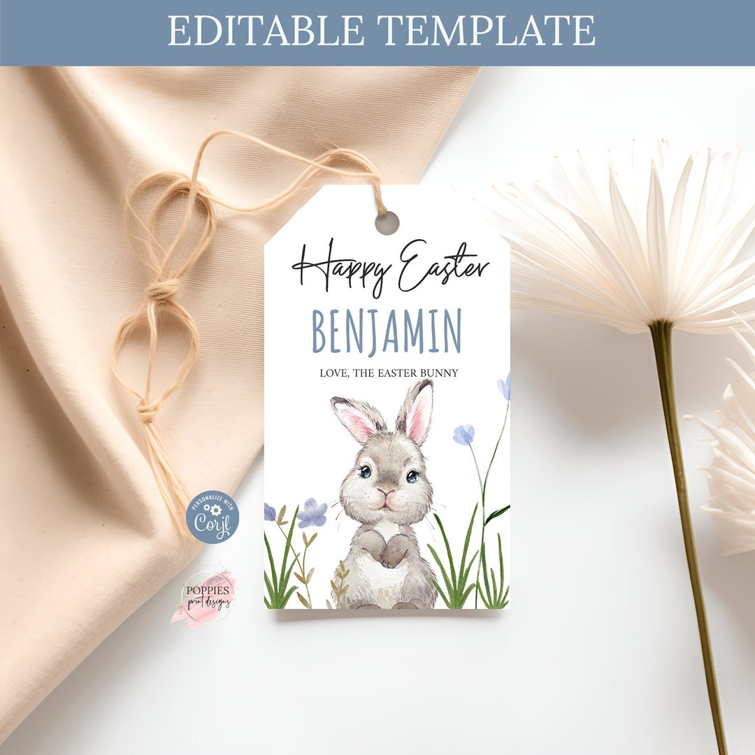 Editable Kids Easter Bunny Tag, Cute Bunny Easter Basket Gift Tag ...