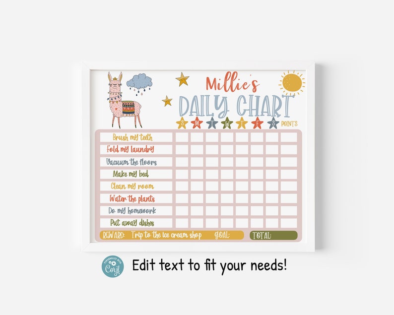 Printable Kids Daily Chore Chart, Editable Behavior Chart, Kids Reward ...