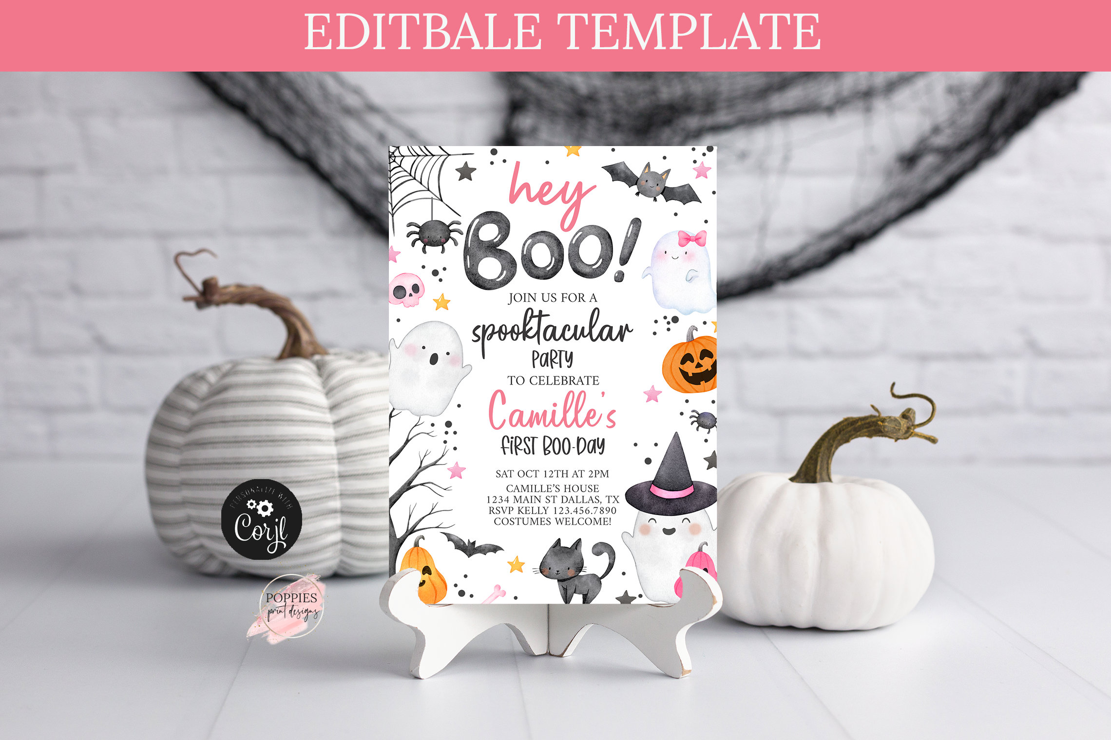 Halloween Birthday Invitation Hey Boo Editable Pink Ghost Birthday ...