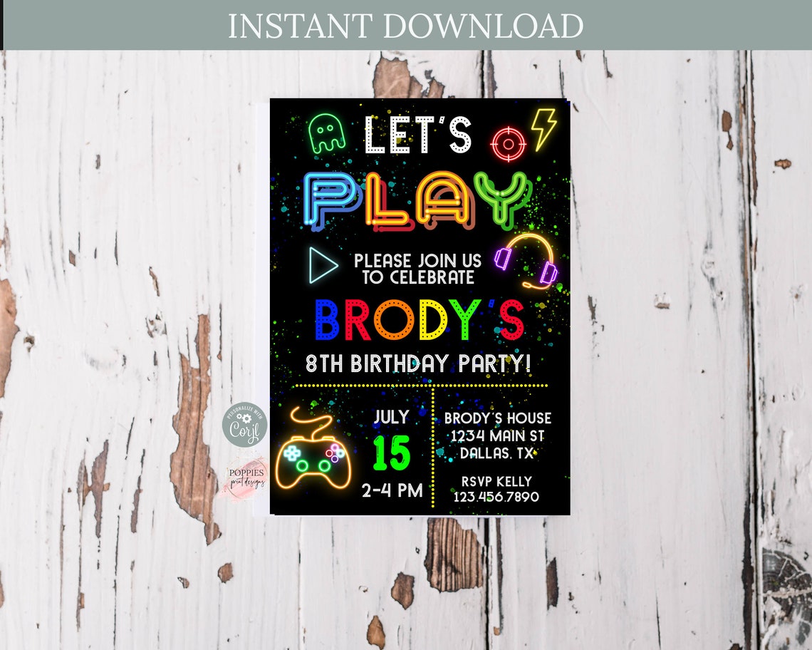 Editable Neon Birthday Invitation Boy Gamer Birthday Invitation, Neon ...