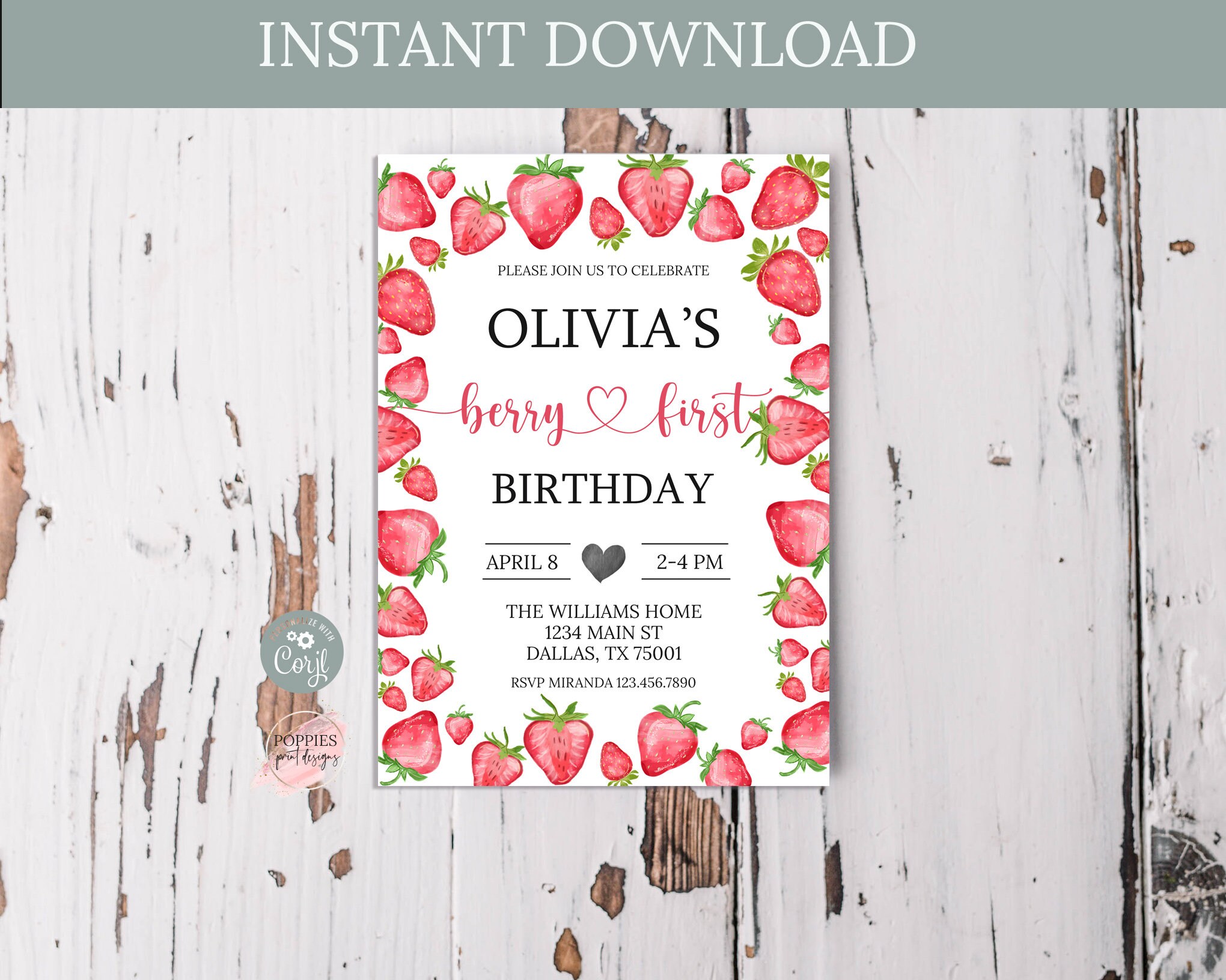 Editable Strawberry First Birthday Invitation Berry First Birthday ...