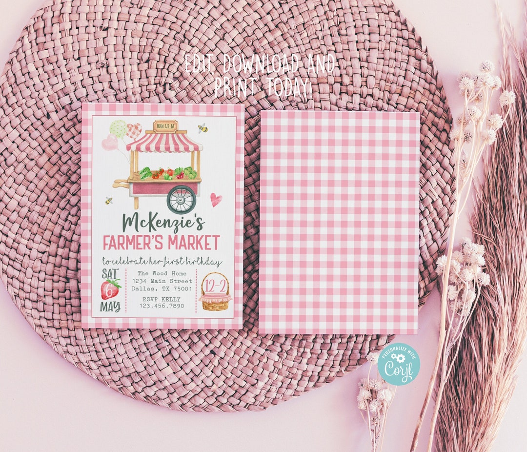 Girls Farmer's Market First Birthday Invitation, Editable Picnic ...