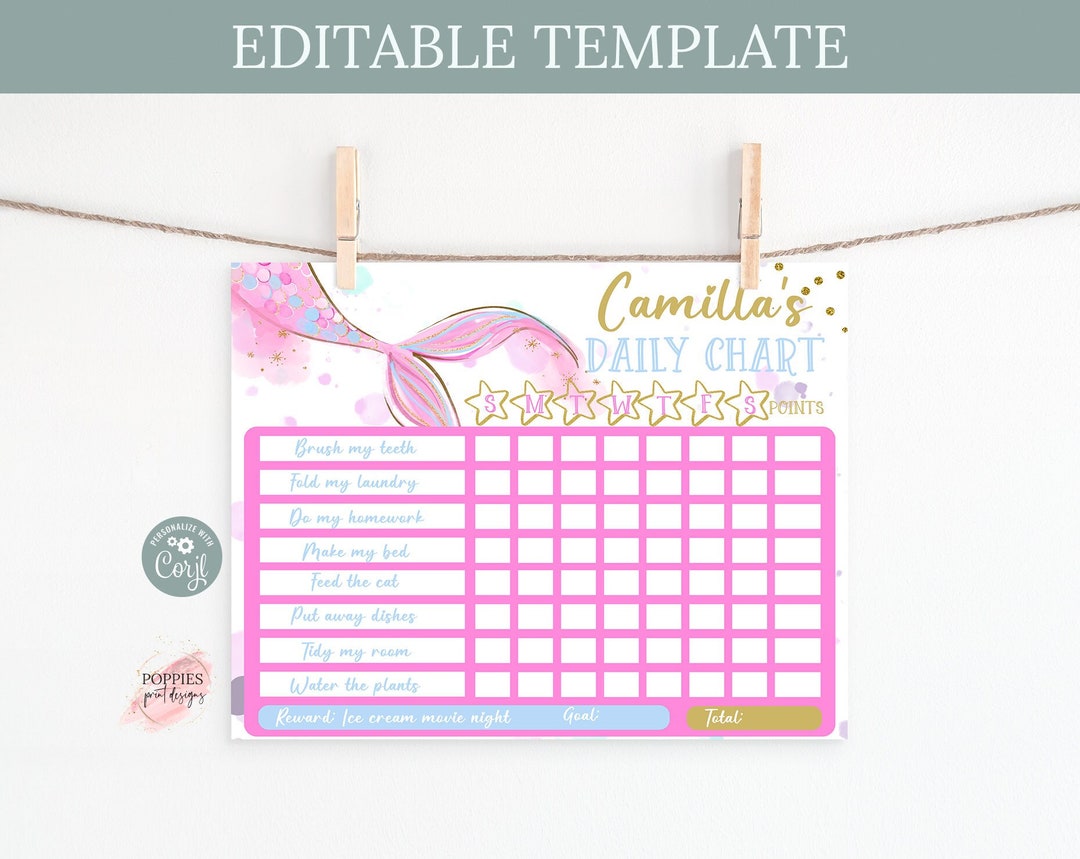 Editable Mermaid Chore Daily Chart, Printable Kids Responsibility Chart ...
