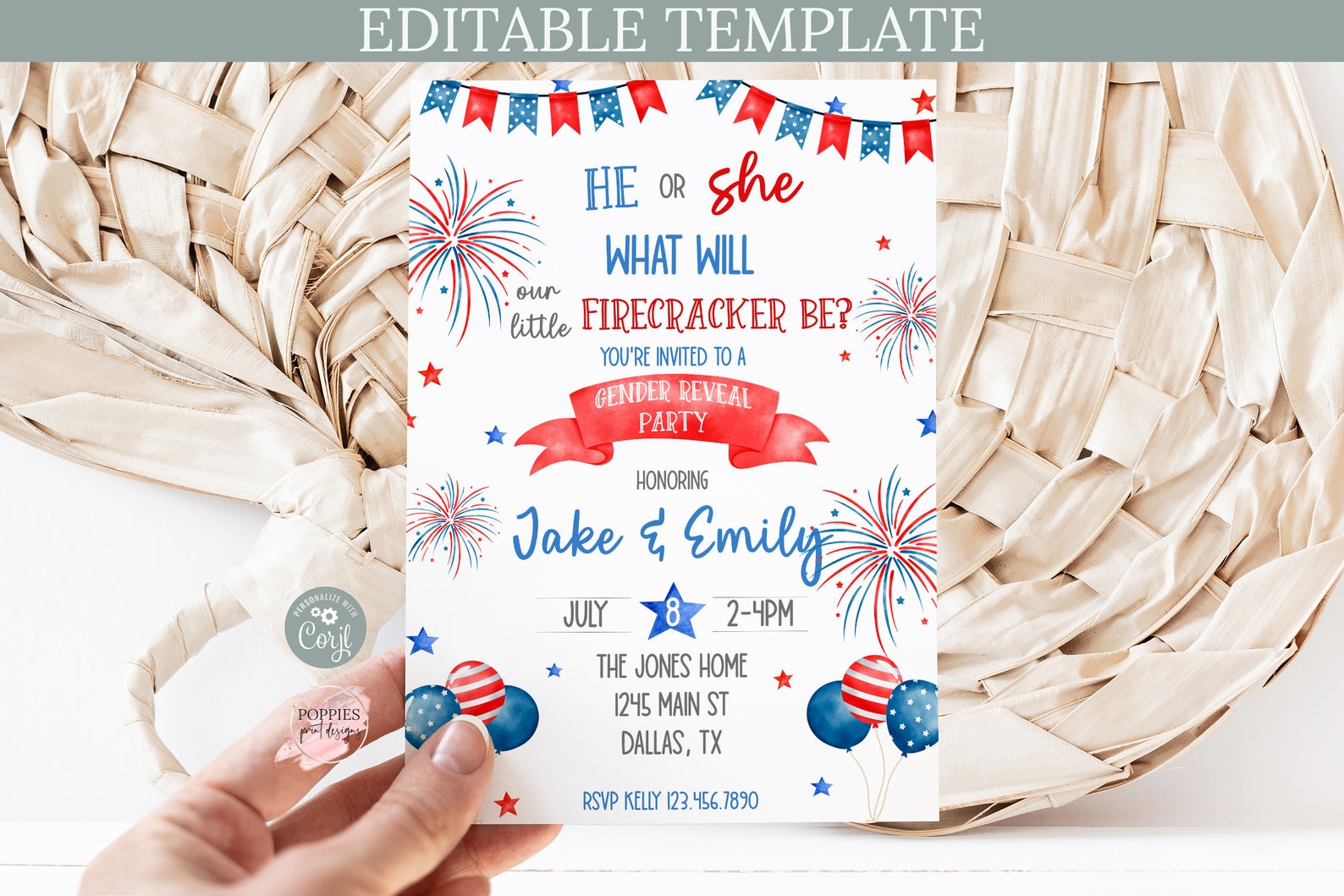 Editable 4th of July Gender Reveal Invitation, Fourth of July Baby ...