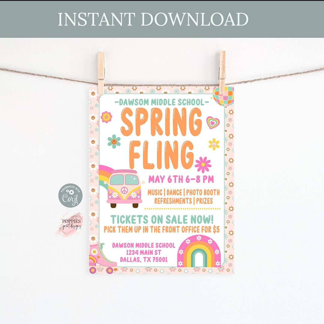 Editable Groovy School Dance Flyer Spring Fling Sign School Event ...