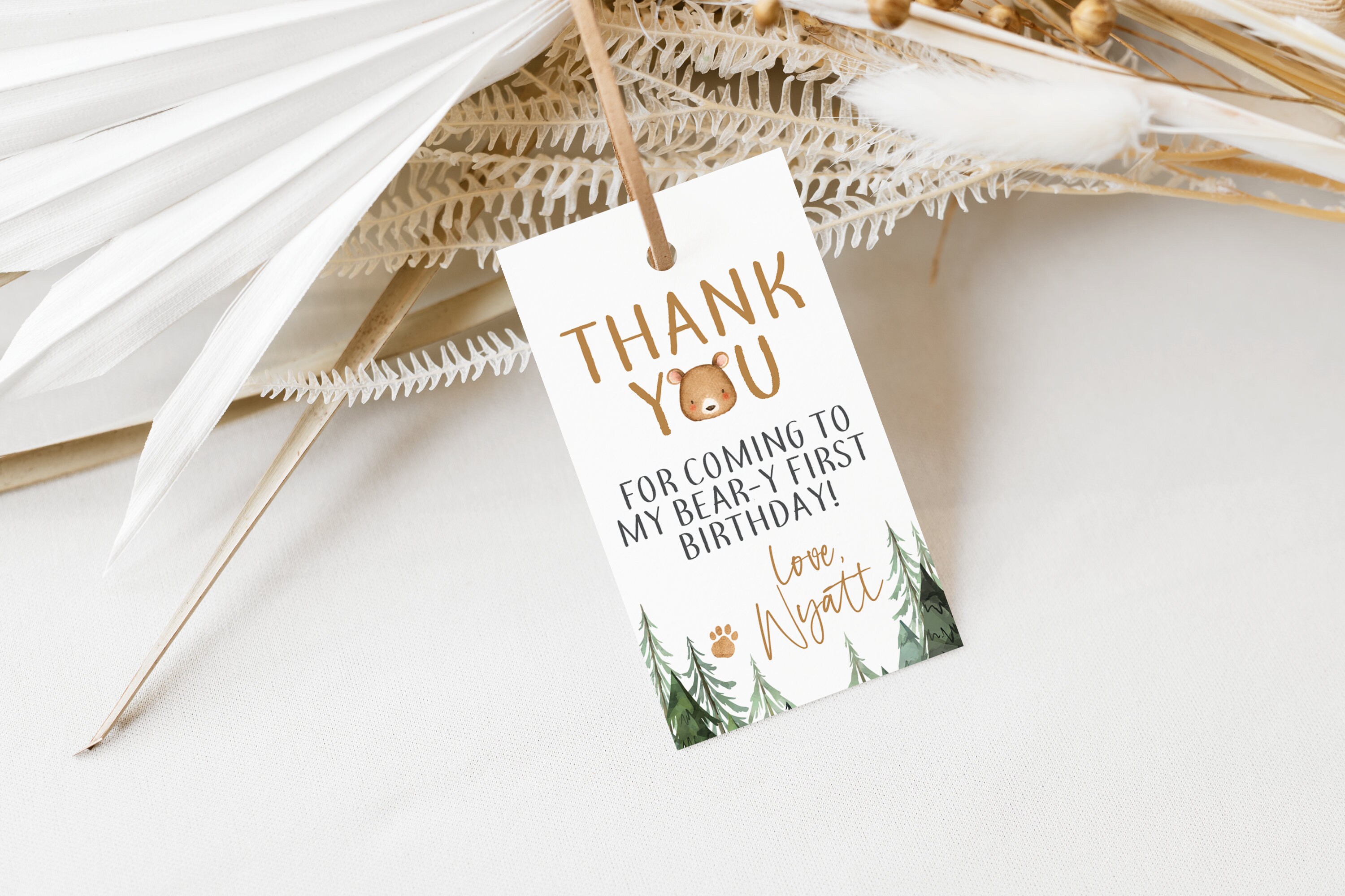 Editable Bear First Birthday Thank You Card Woodland Bear 1st Birthday ...