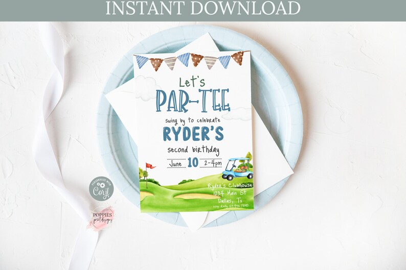 Editable Boy Golf Birthday Par-tee Invitation, Boy Golfing Birthday ...