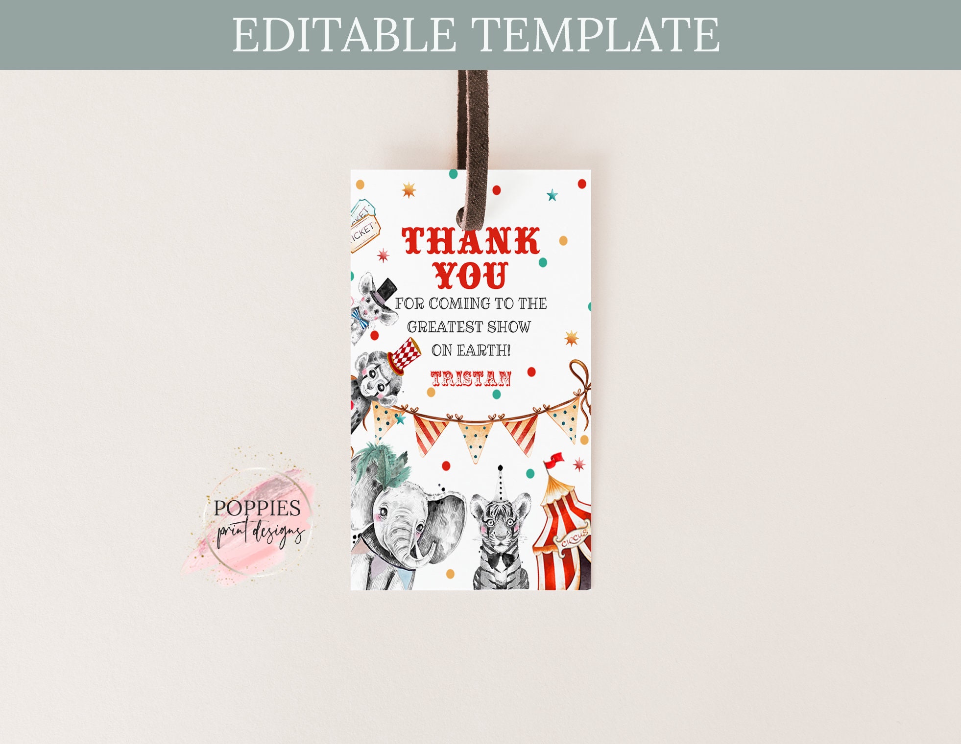 Editable Circus Birthday Party Favor Tag, Carnival Birthday Thank You ...