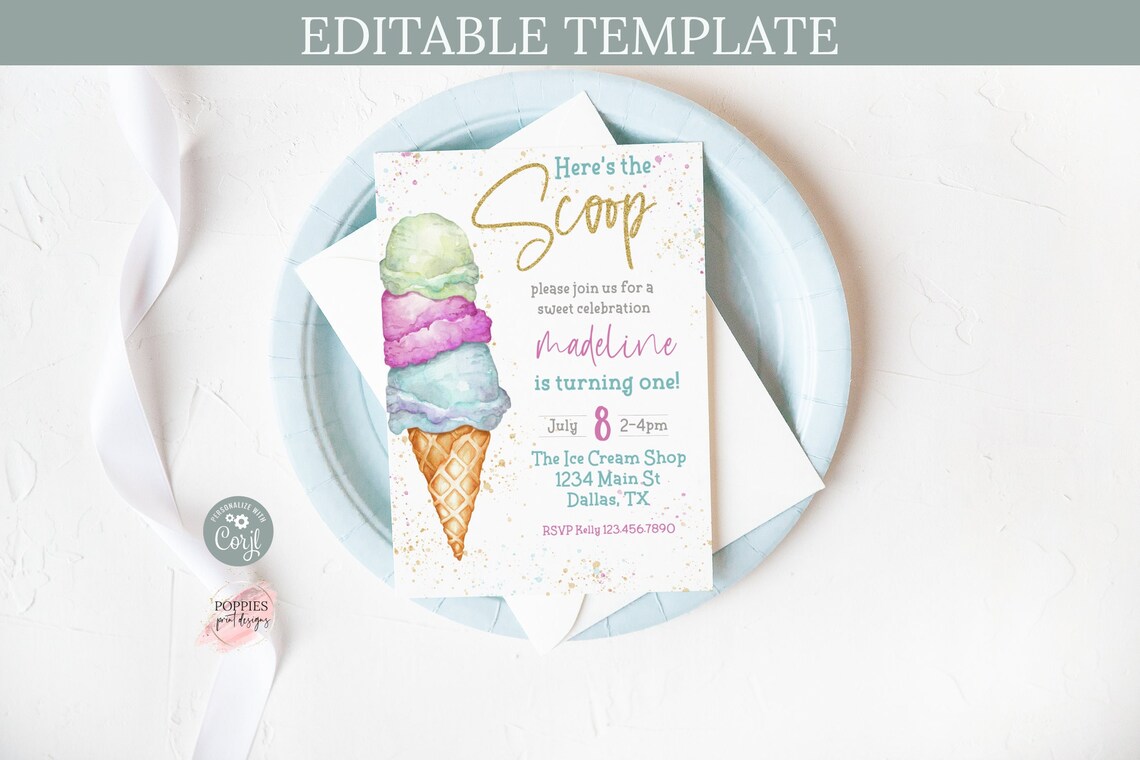 Print Yourself Ice Cream Birthday Party Invitation, Here's the Scoop ...