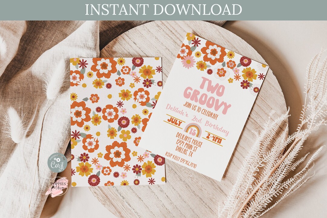 Editable Two Groovy Retro Floral 2nd Birthday Invitation Daisy Birthday ...