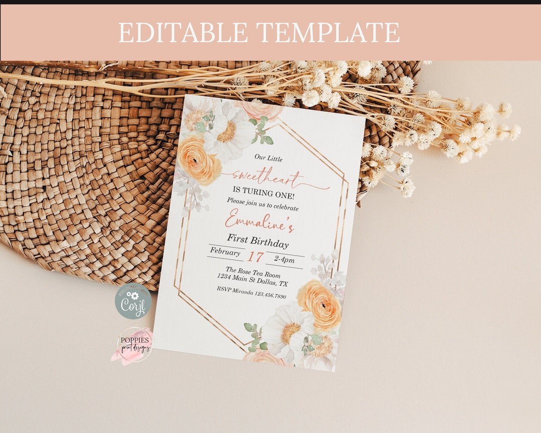 Editable Sweetheart Birthday Invitation Floral Heart Birthday Invite ...